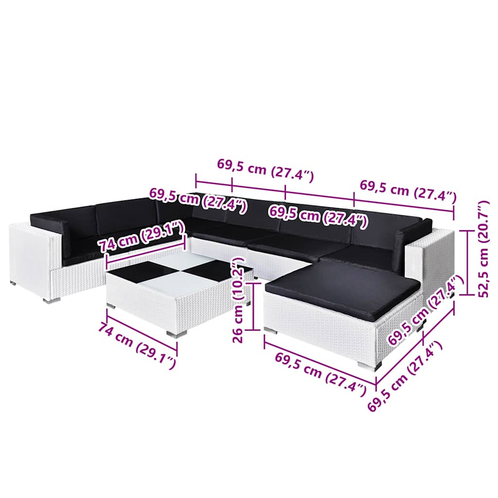 vidaXL 8-osainen Puutarhasohvasarja tyynyillä polyrottinki valkoinen | vidaXL.fi